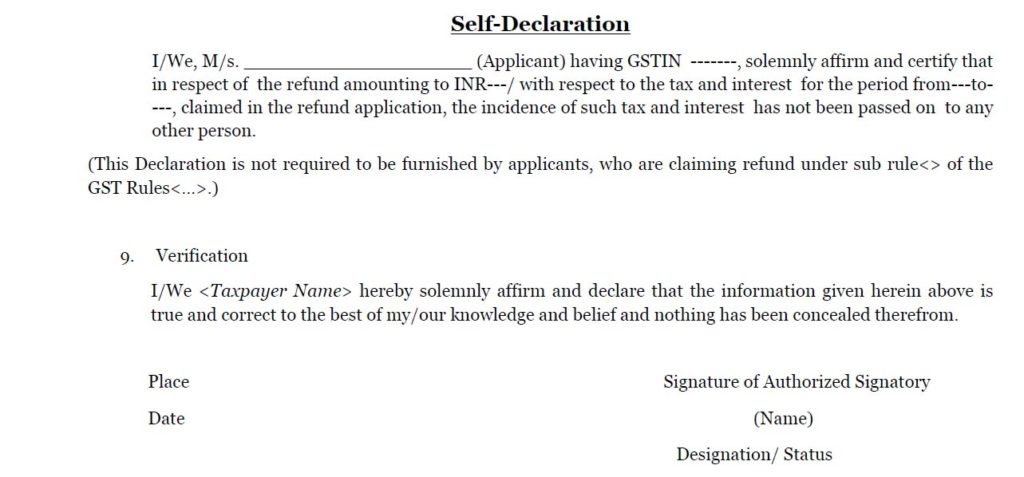 GST format required in refund application